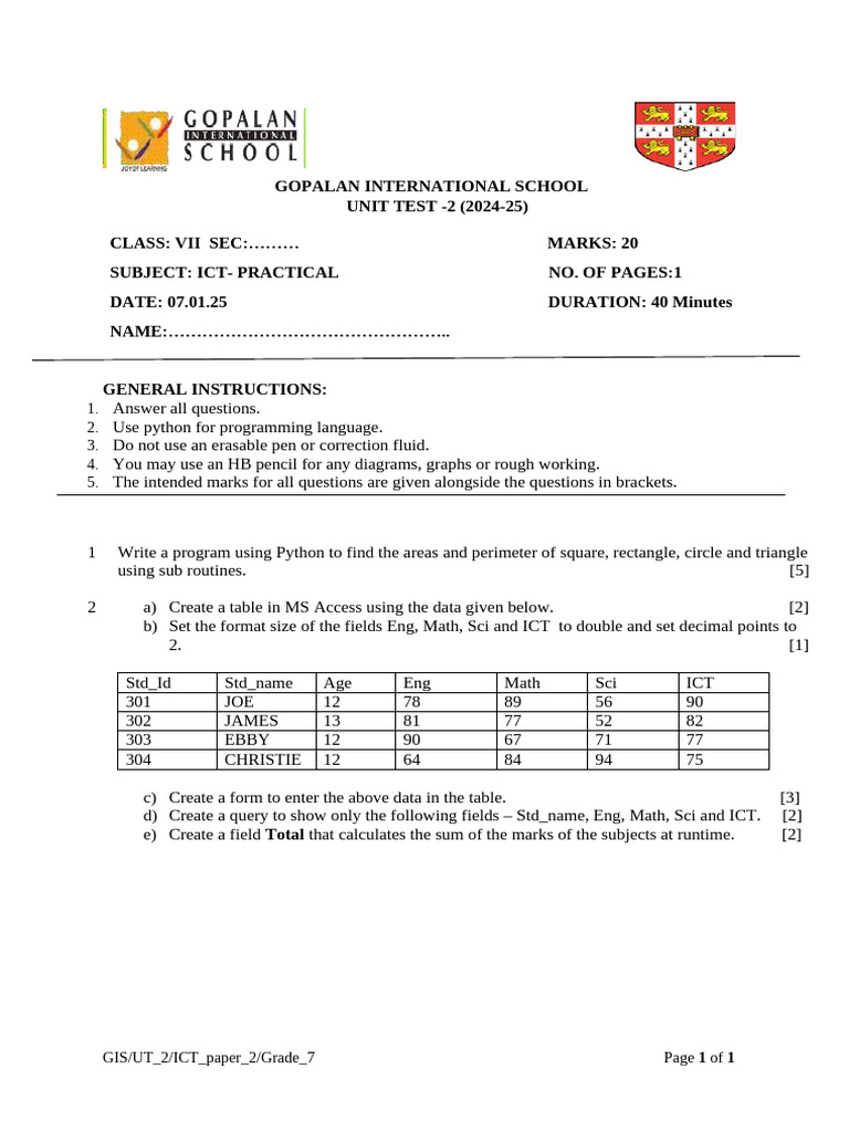 Class VII ICT Unit Test 2024-25 | PDF