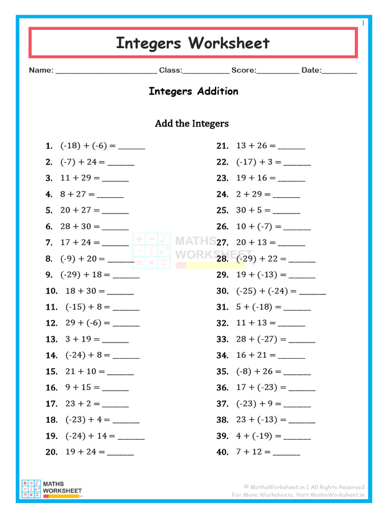 Integers Addition Worksheet | PDF