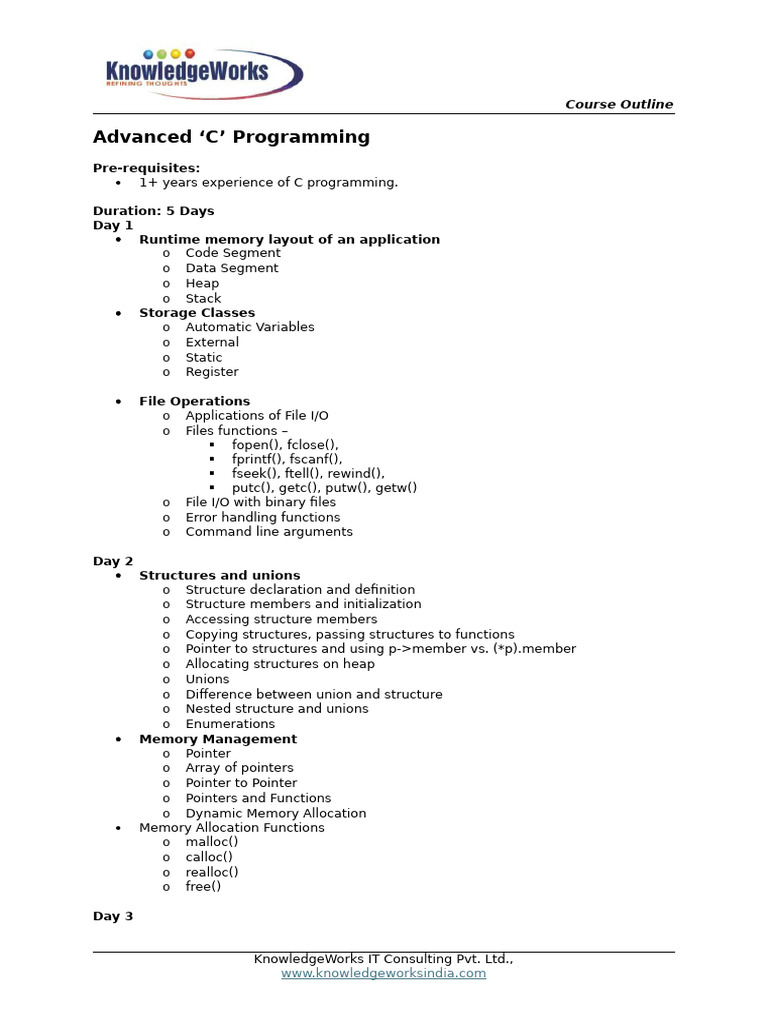 Course Outline - Advanced C Programming | PDF | Thread (Computing) | Pointer (Computer Programming)