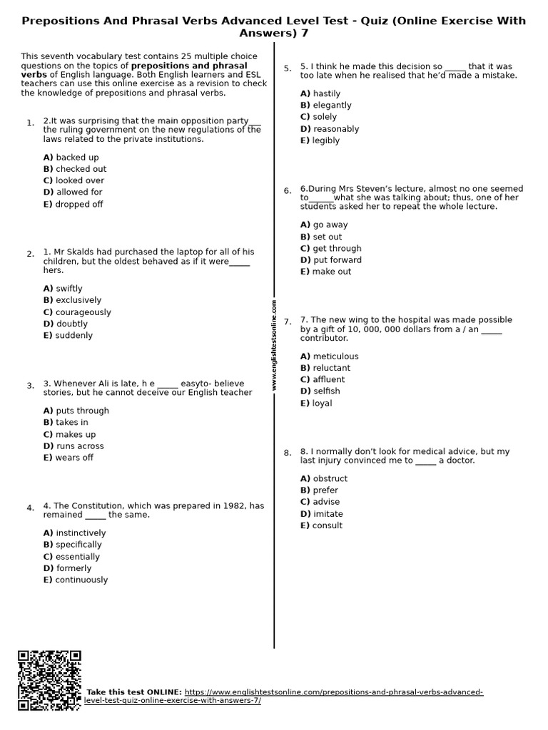 400 - Prepositions and Phrasal Verbs Advanced Level Test Quiz Online ...