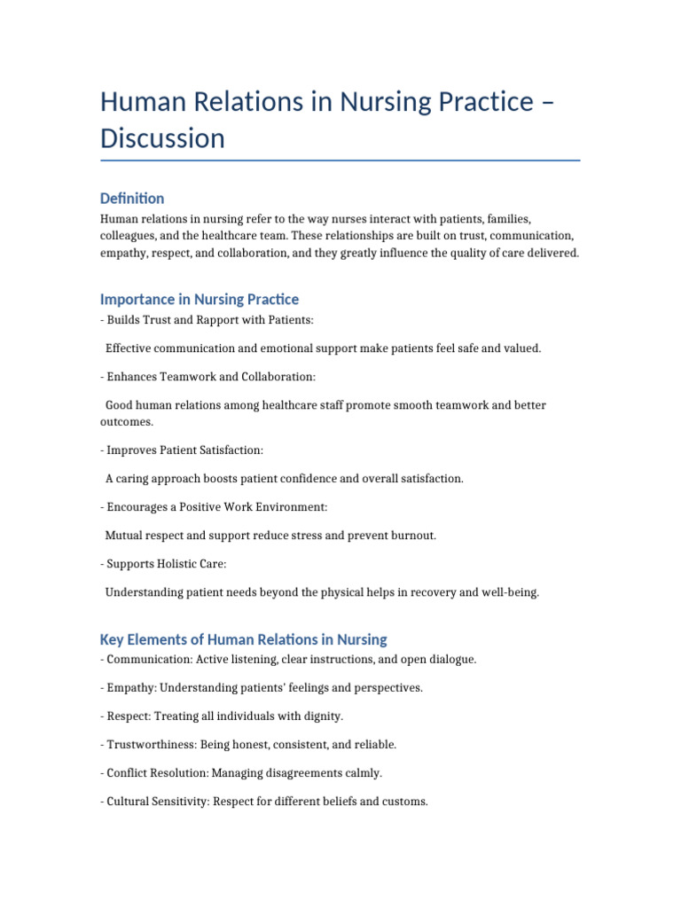 Human Relations in Nursing Practice | PDF