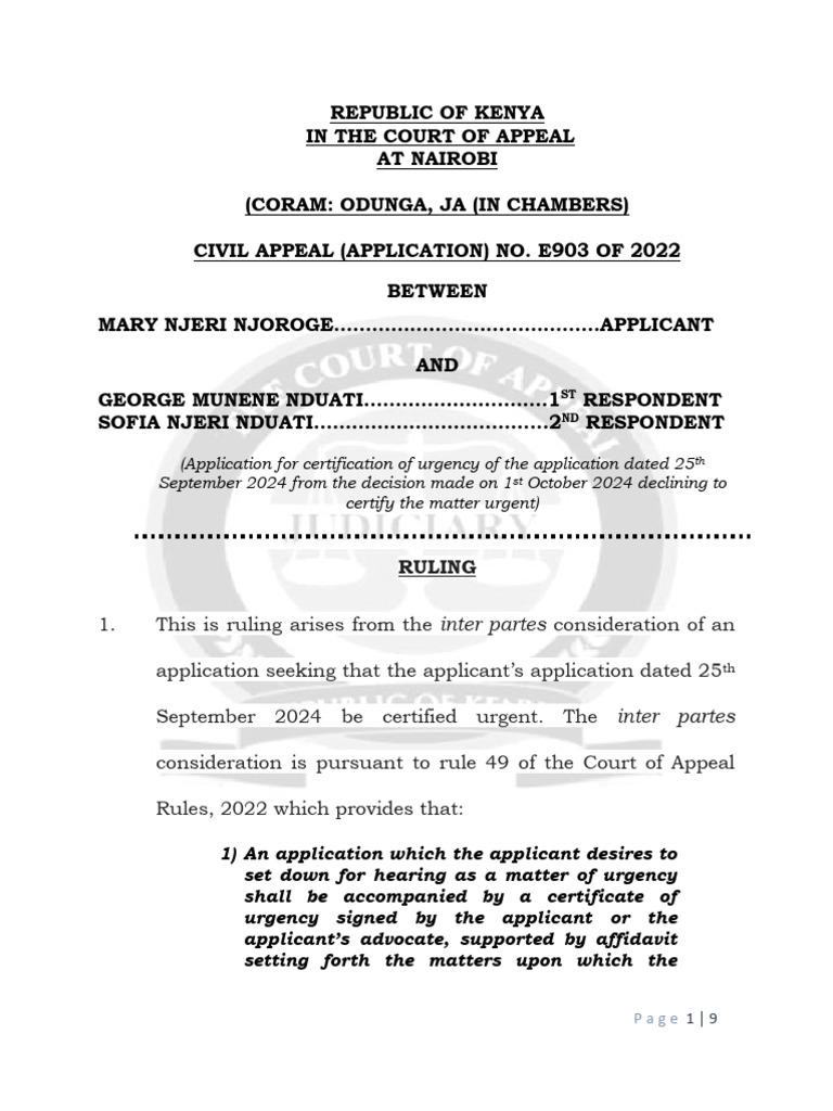 Urgent Application Ruling in Kenya Appeal | PDF | Judgment (Law) | Lawsuit