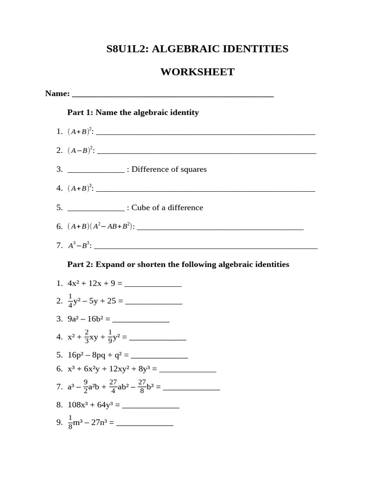 M8U1L2 - Algebraic Identities | PDF