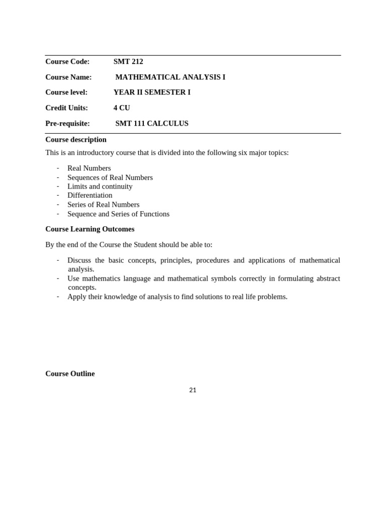 Mathematical Analysiscourse Out Line | PDF