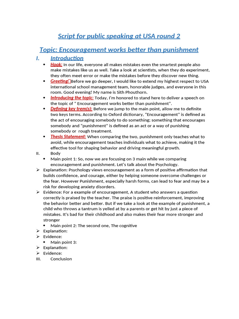 Script For Public Speaking at USA Round 2 | PDF | Punishments | Fear