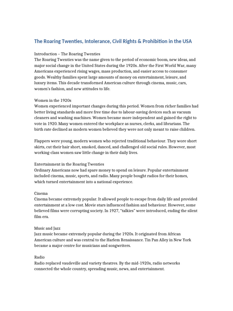Roaring Twenties 10 Pages | PDF | Prohibition | United States Travel