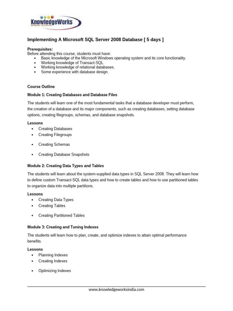 Implementing Databases Using SQL Server 2008 | PDF | Microsoft Sql ...