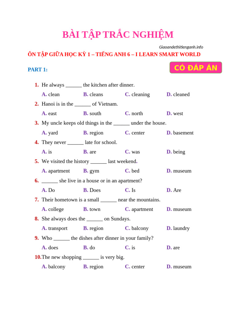 Bài Tập Trắc Nghiệm Ôn Tập Giữa Hk1 Ta6 Ilsw | PDF