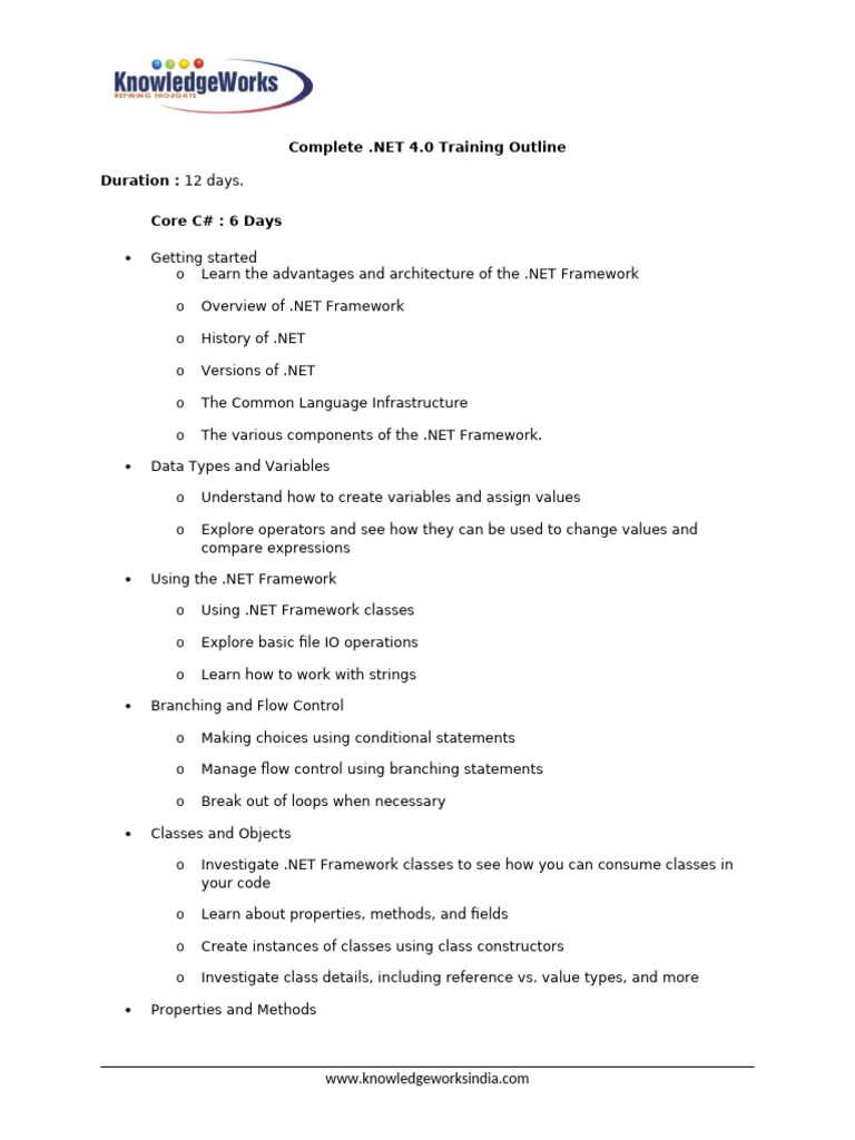 .NET 4.0 Training Course Outline | PDF | Class (Computer Programming ...