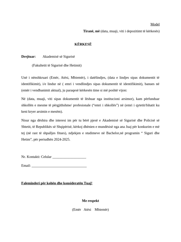 Kerkese Per Aplikim Per Fakultet | PDF
