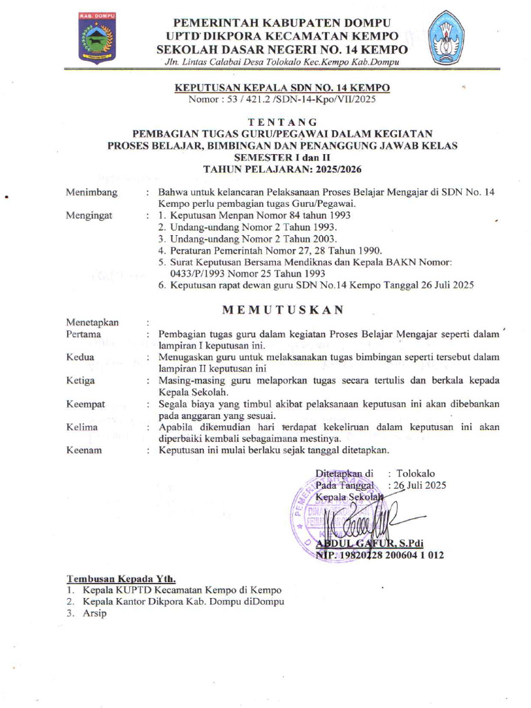 Sk Pembagian Tugas Sdn 14 Kempo 2025-2026 | PDF