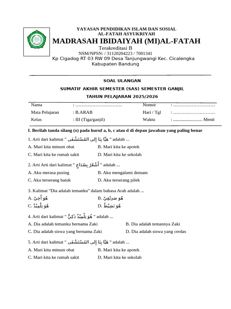 Soal b.arab Kelas 3 Uts | PDF