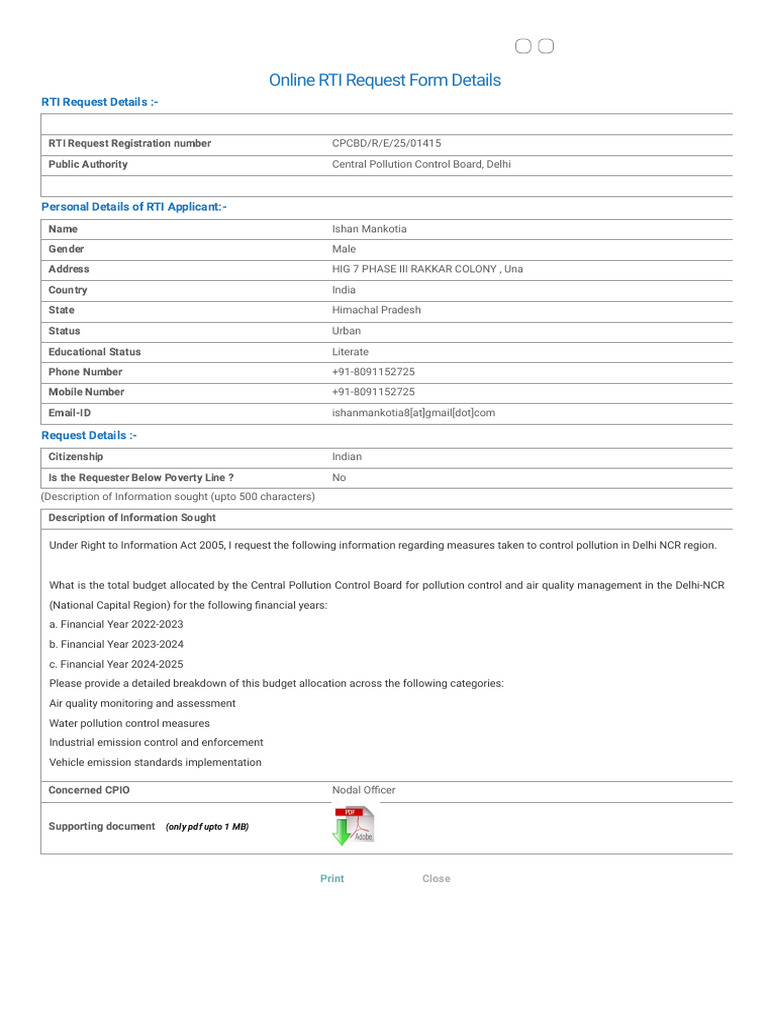 RTI Online - Request - Appeal Form Details | PDF