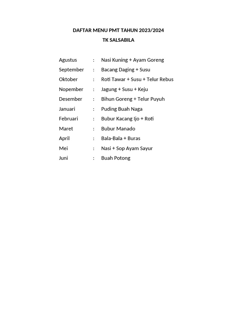 Menu PMT TK Salsabila 2023/2024 | PDF