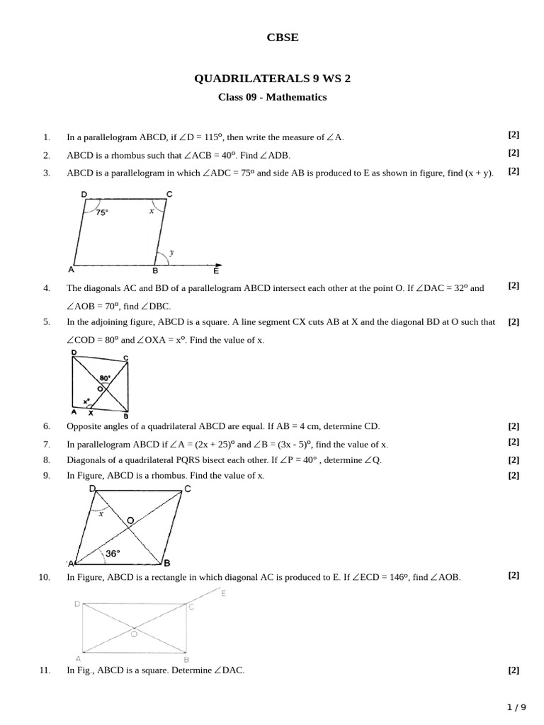 CBSE Class 9 Quadrilaterals Worksheet | PDF | Rectangle | Angle
