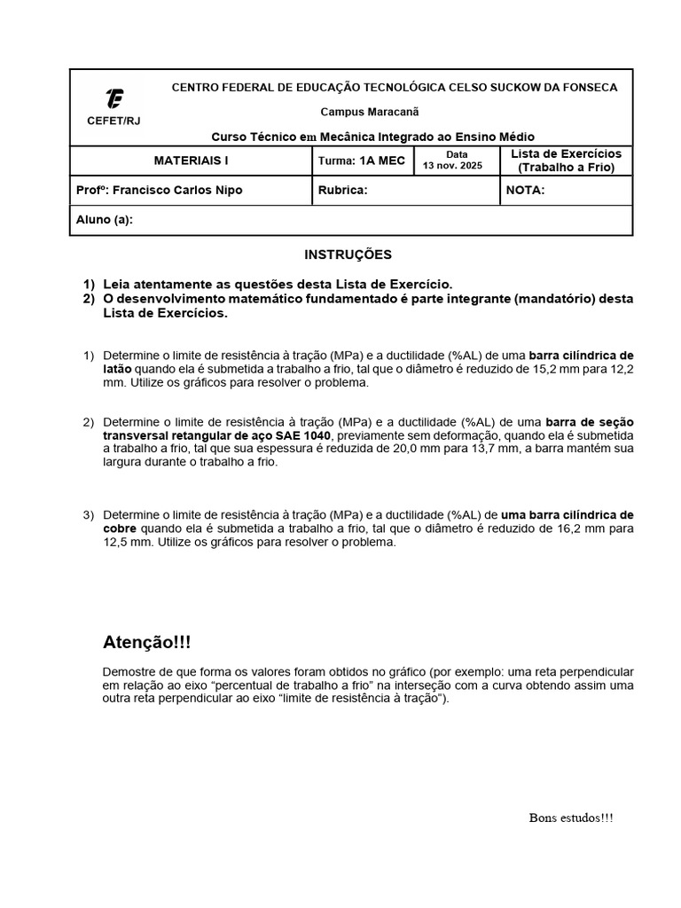 Lista de Exercícios Trabalho a Frio Rev. 2025 | PDF