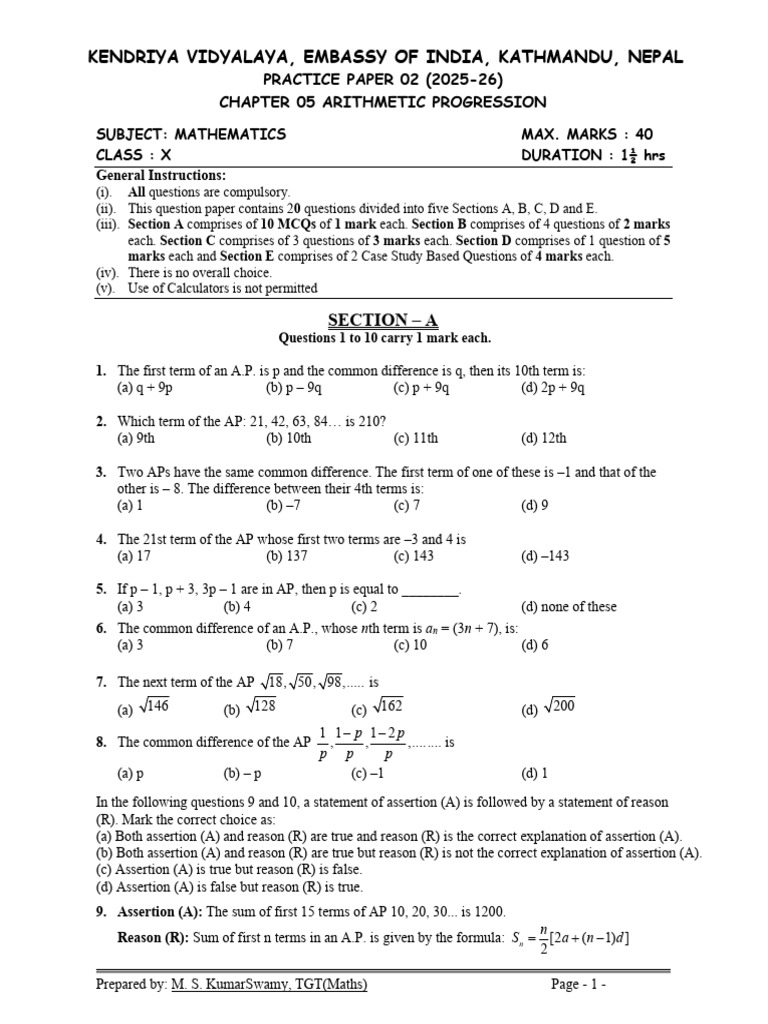 Maths Class X Chapter 05 Arithmetic Progression Practice Paper 02 2025 5000
