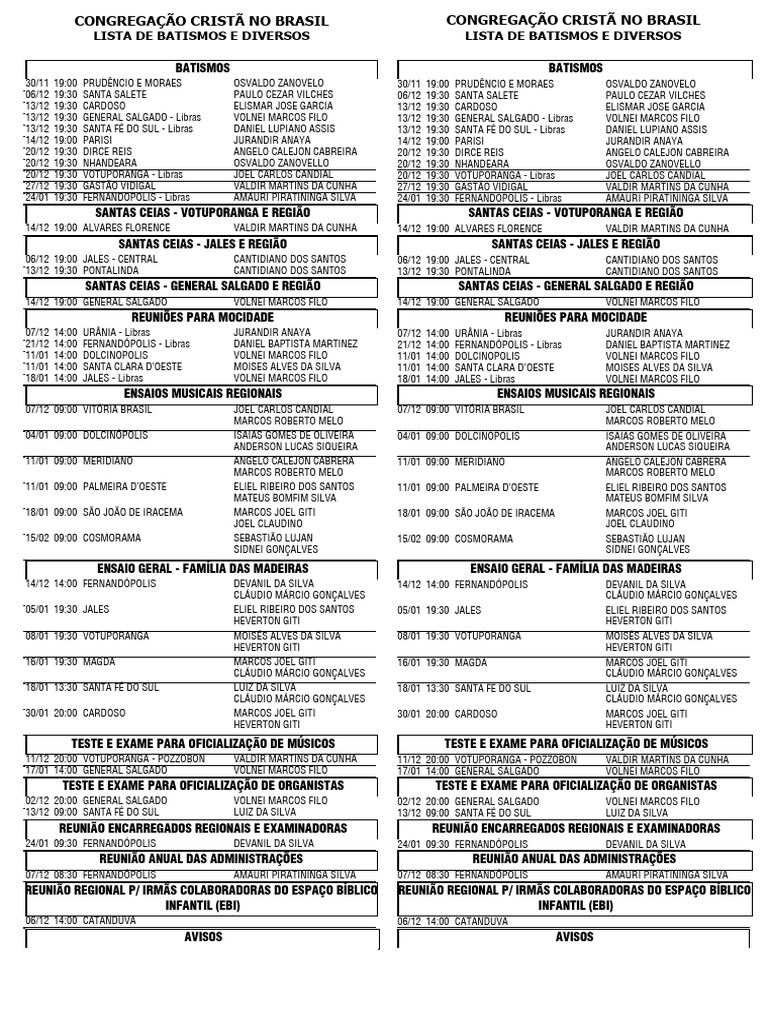 Batismos e Eventos da CCB em SP | PDF