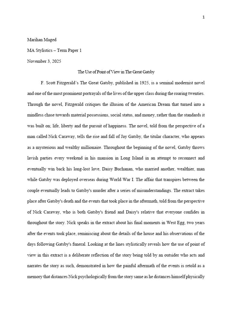 A Stylistic Analysis of the Use of Point of View in the Great Gatby ...