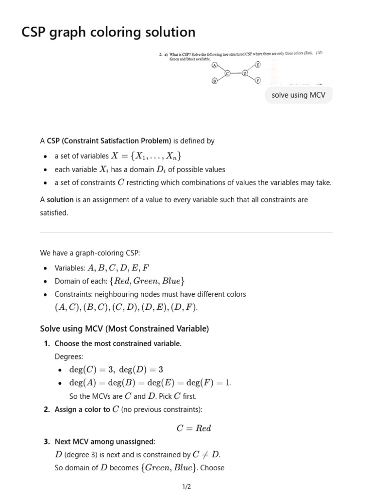 Graph Coloring CSP Solution with MCV | PDF