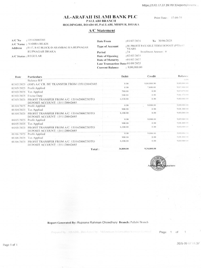 Nadira Bilkis Al Arafah Islami Bank Statement | PDF