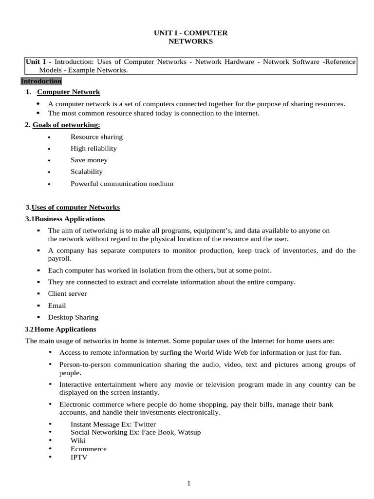 Unit I_Introduction to Computer Networks | PDF | Computer Network | Osi ...