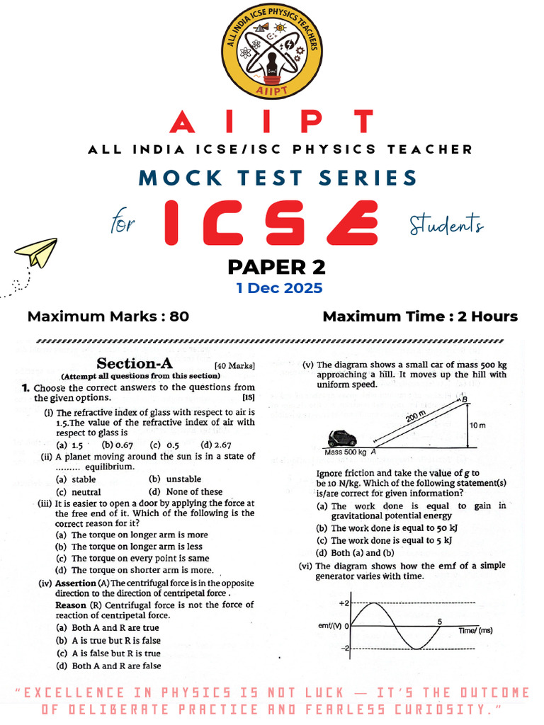ICSE Physics Mock Test Paper 2 | PDF