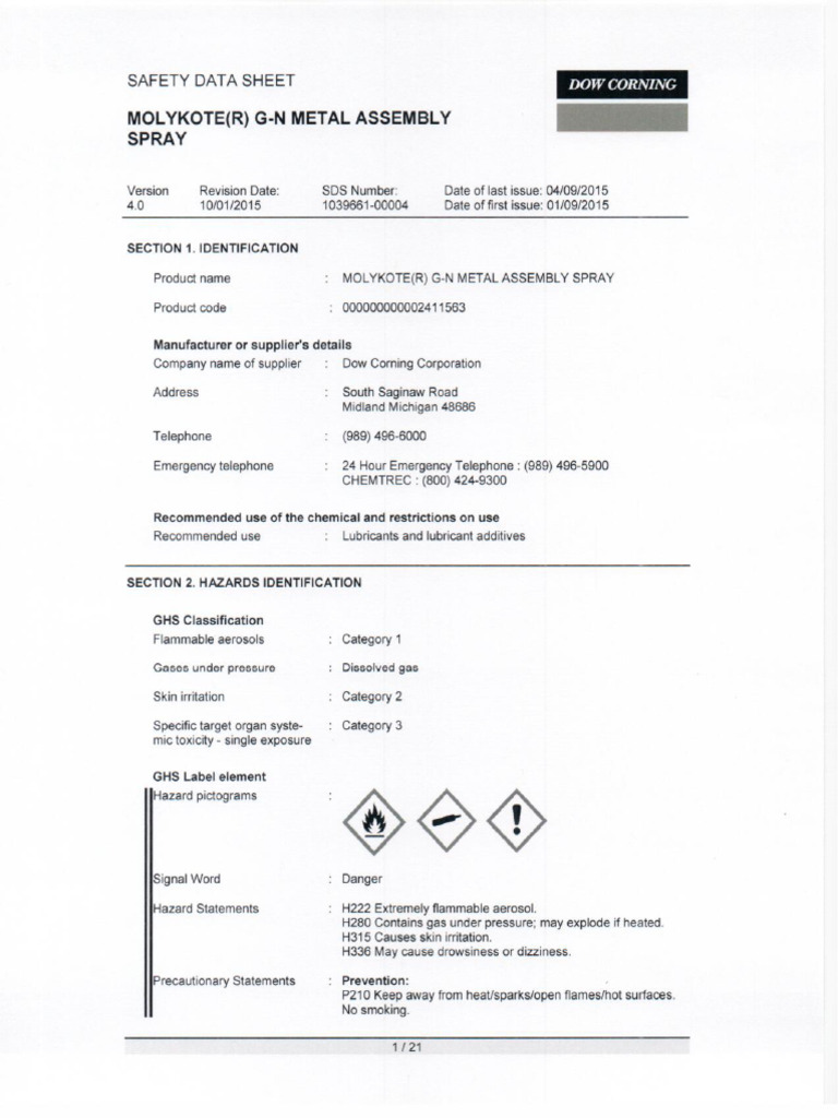SDS - DOW-Corning-G-N-Metal-Assembly-Spray | PDF