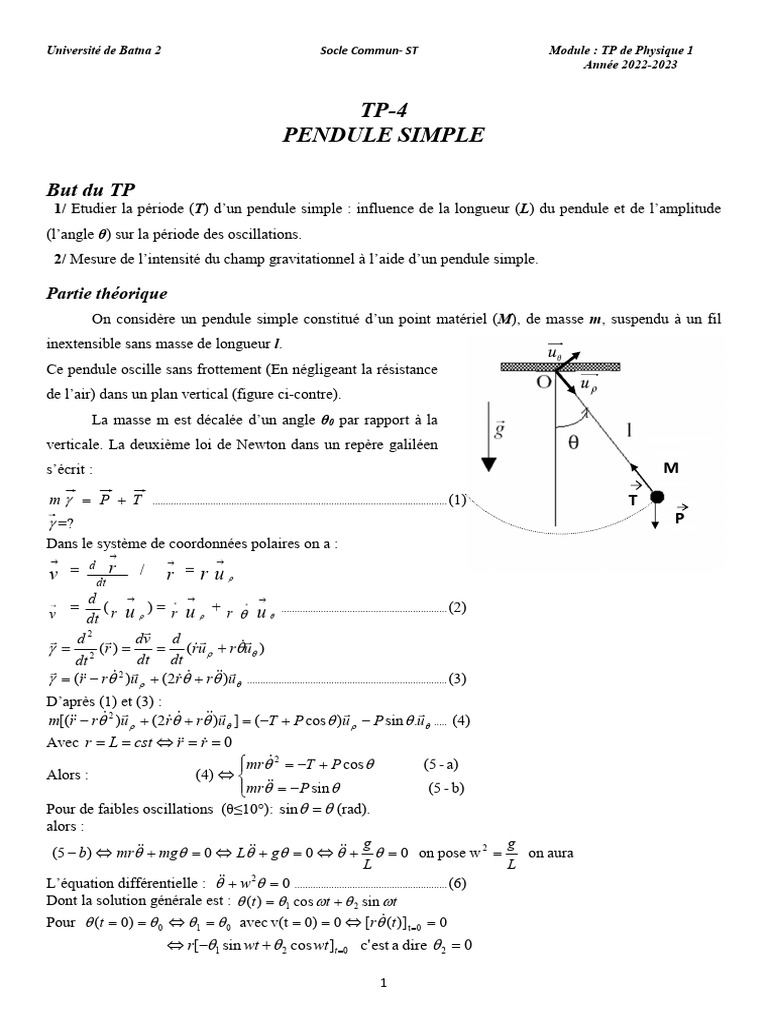 TP Pendule Simple : Période et Gravité | PDF | Pendule (physique ...