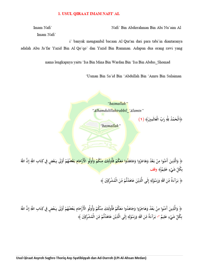Usul Qiraat Imam Nafi' Al-Madaniy | PDF