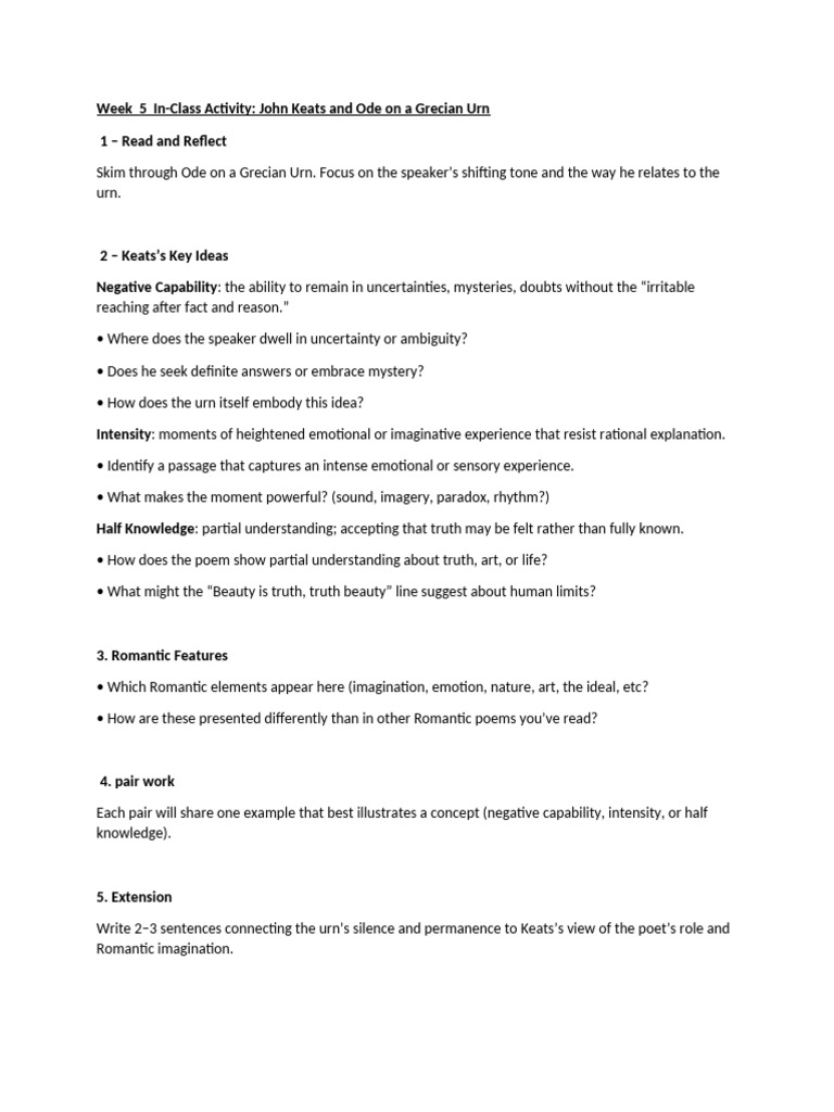 Ode on a Grecian Urn Worksheet | PDF