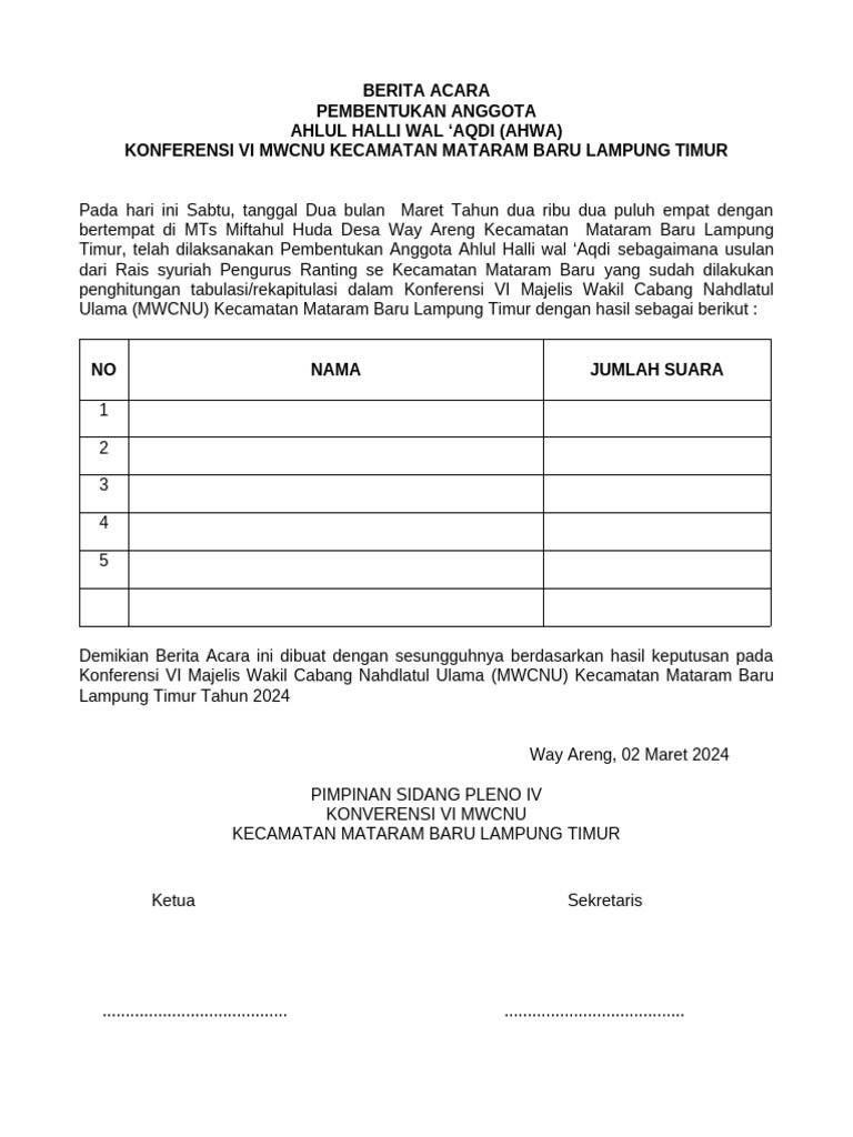 Pembentukan Anggota AHWA MWCNU Mataram Baru | PDF