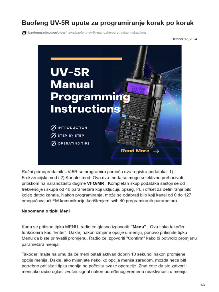 Baofeng UV-5R Upute Za Programiranje Korak Po Korak | PDF