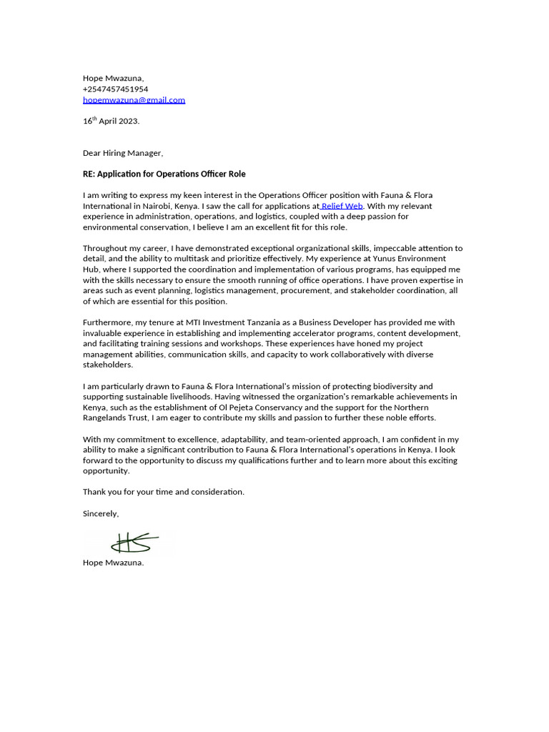 Cover Letter Hope Mwazuna | PDF