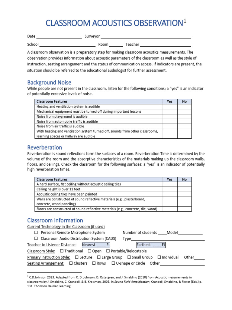 CLASSROOM ACOUSTICS OBSERVATION Form | PDF | Classroom | Sound