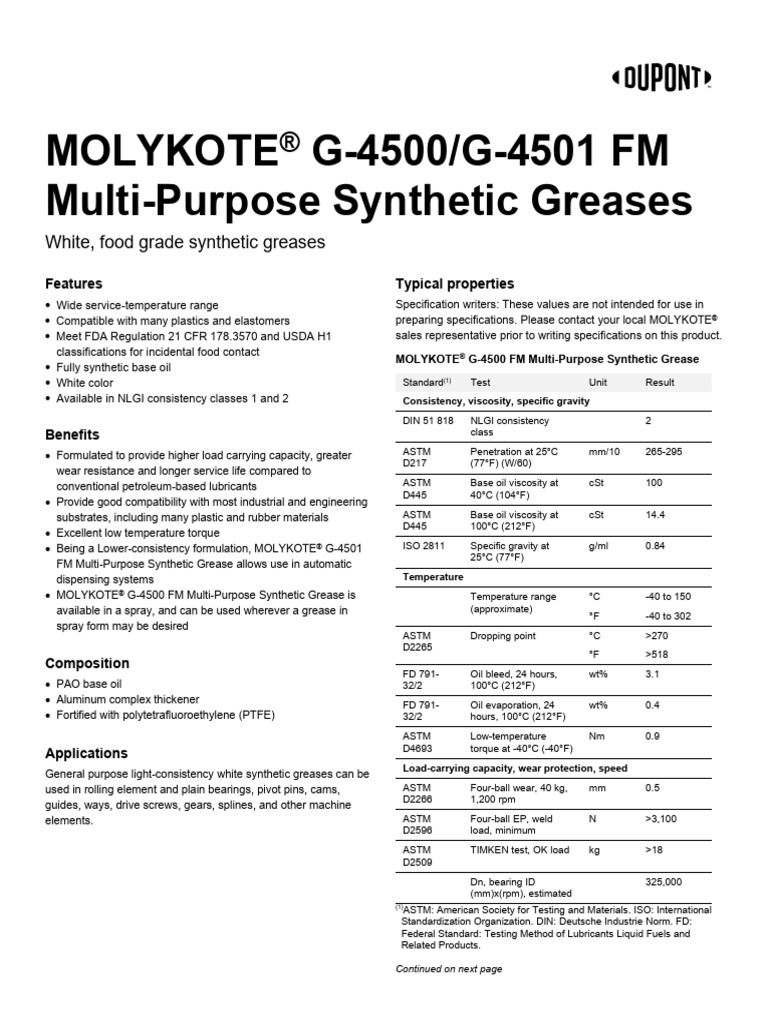MOLYKOTE® G-4500/G-4501 Food-Grade Grease | PDF | Motor Oil ...
