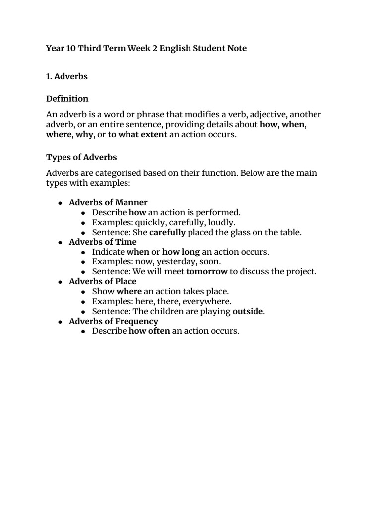 Year 10 English Adverbs and Summary Guide | PDF | Adverb | Advertising