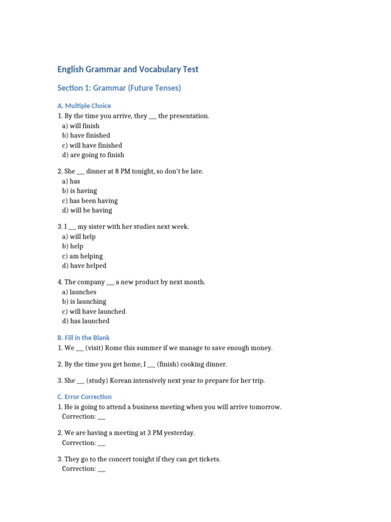 English Grammar Vocabulary Test | PDF | Phrase | Linguistic Morphology