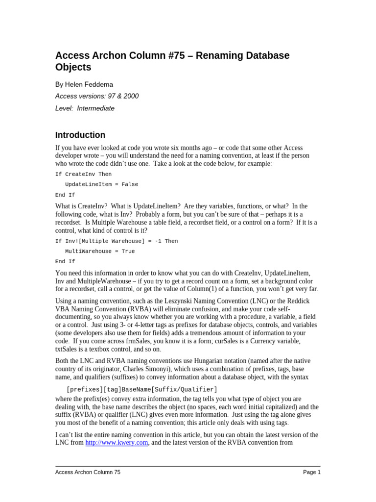 Access Archon Column 75 - Renaming Database Objects | PDF | Databases | Variable (Computer Science)