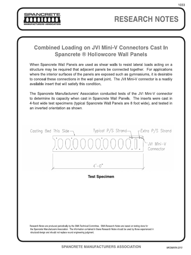 1033 Combined Loading On JVI Mini-V Connectors Cast in Hollowcore Wall ...