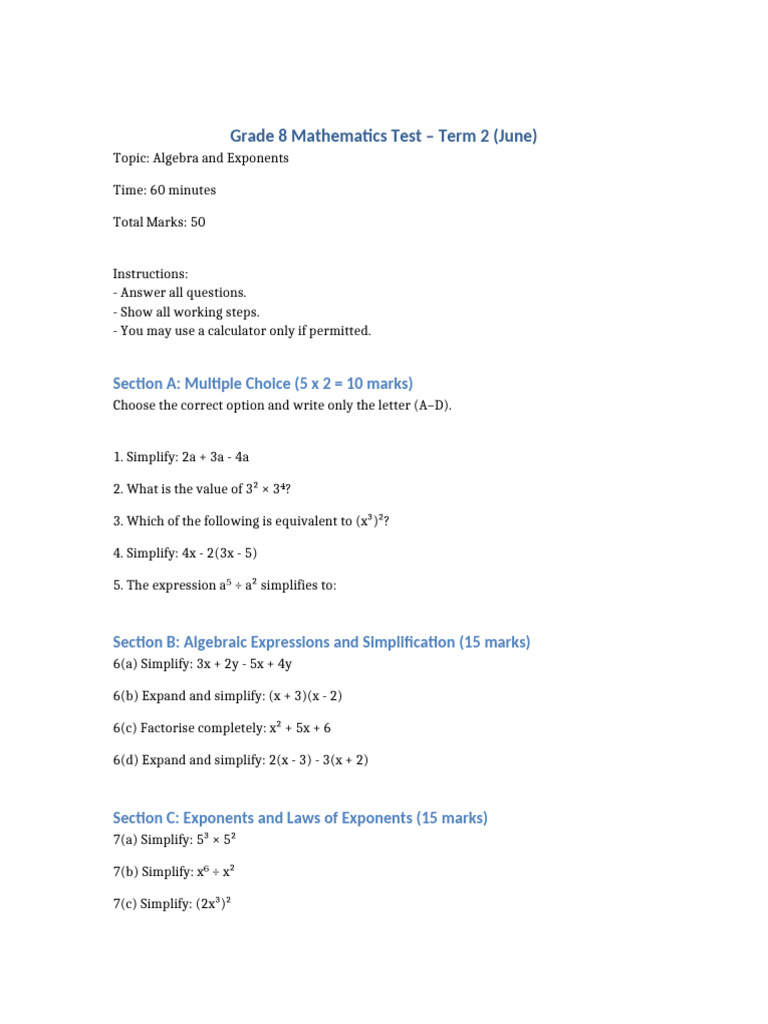 Grade 8 Math Test Term 2 | PDF