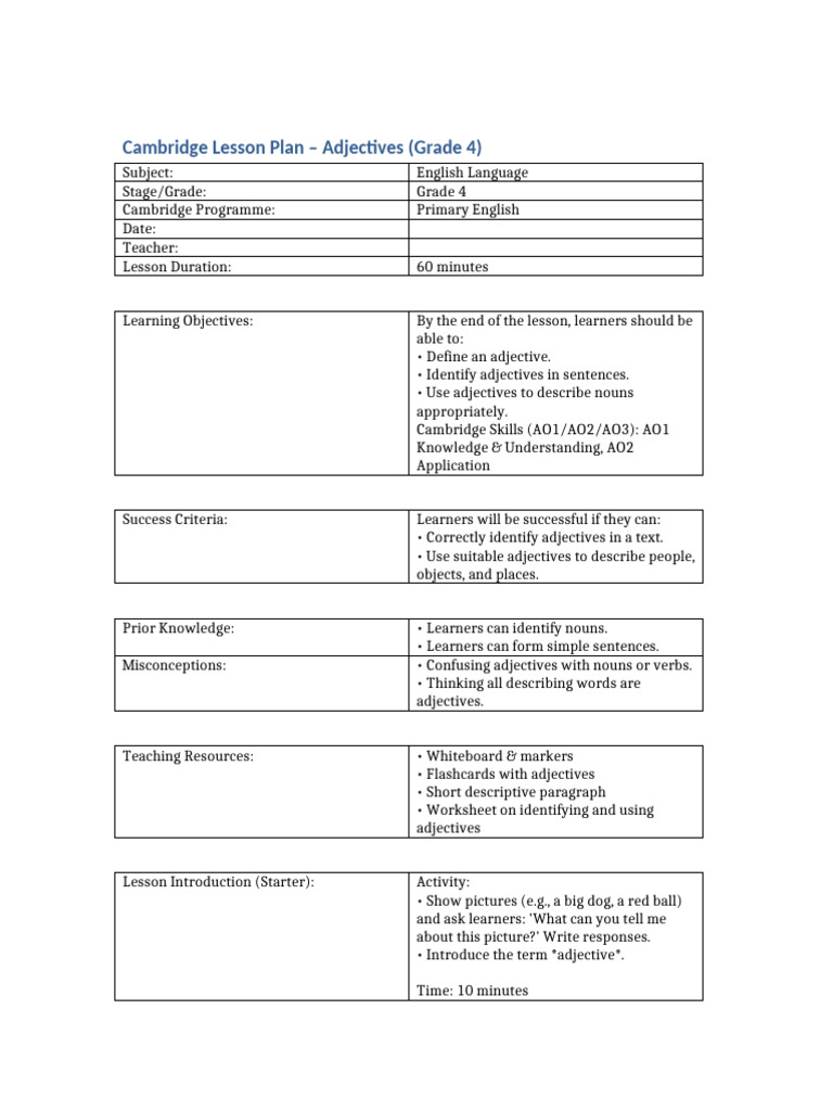 Grade 4 Adjective Lesson Plan | PDF | Adjective | Learning