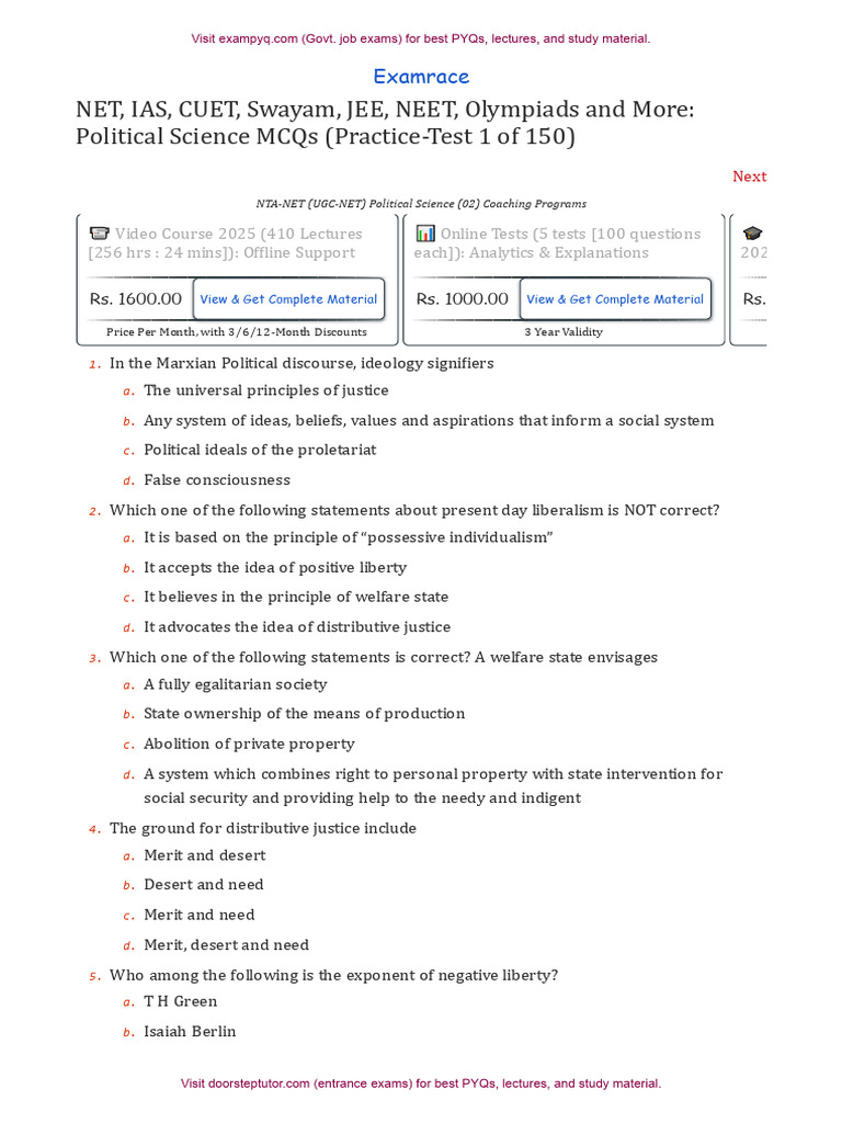Political Science MCQs Practice Test 1 | PDF | Property | Liberty