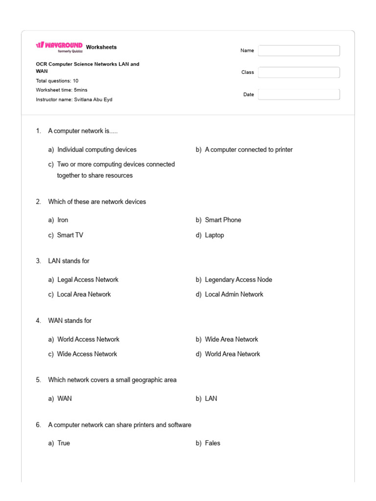 Computer Networks Worksheet: LAN & WAN | PDF | Computer Network | Local ...