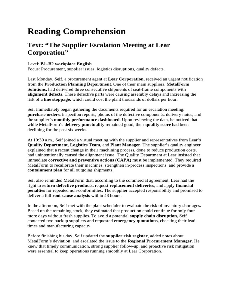 Reading Comprehension | PDF | Supply Chain | Procurement