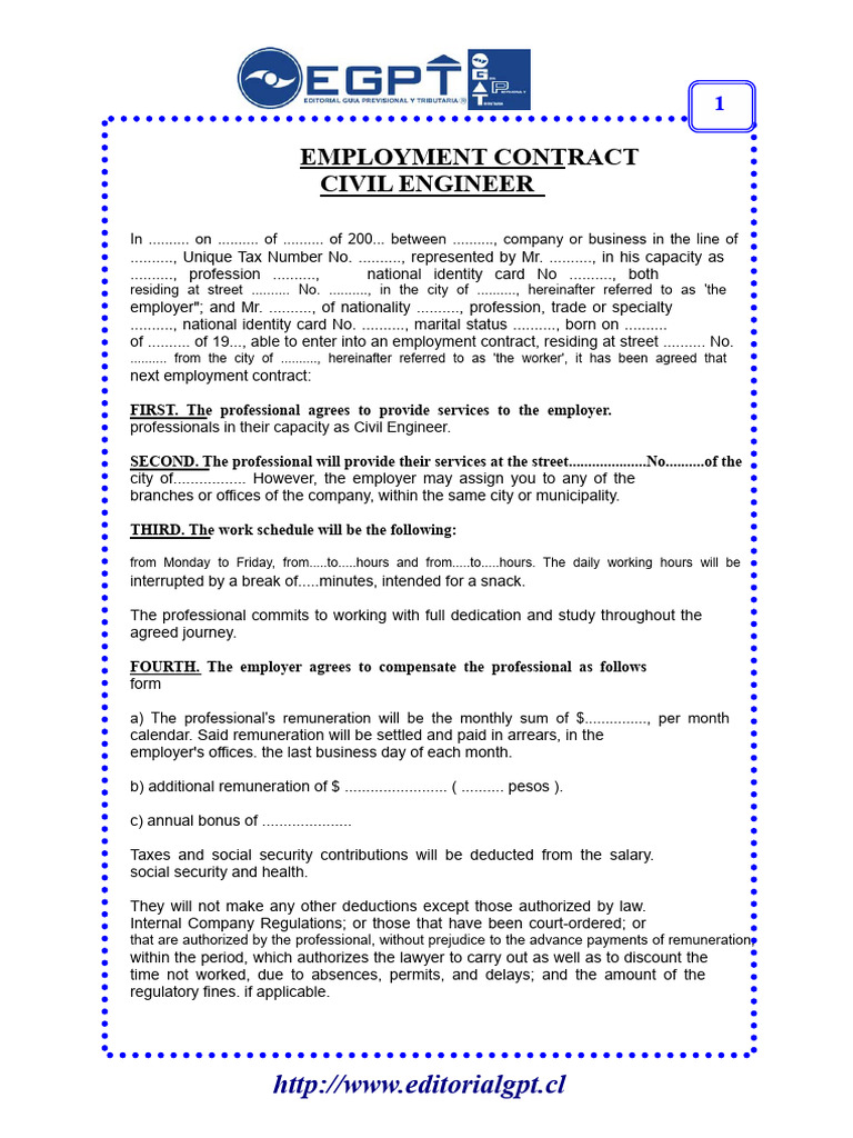 Civil Engineer Employment Contract Template | PDF | Employment | Social ...