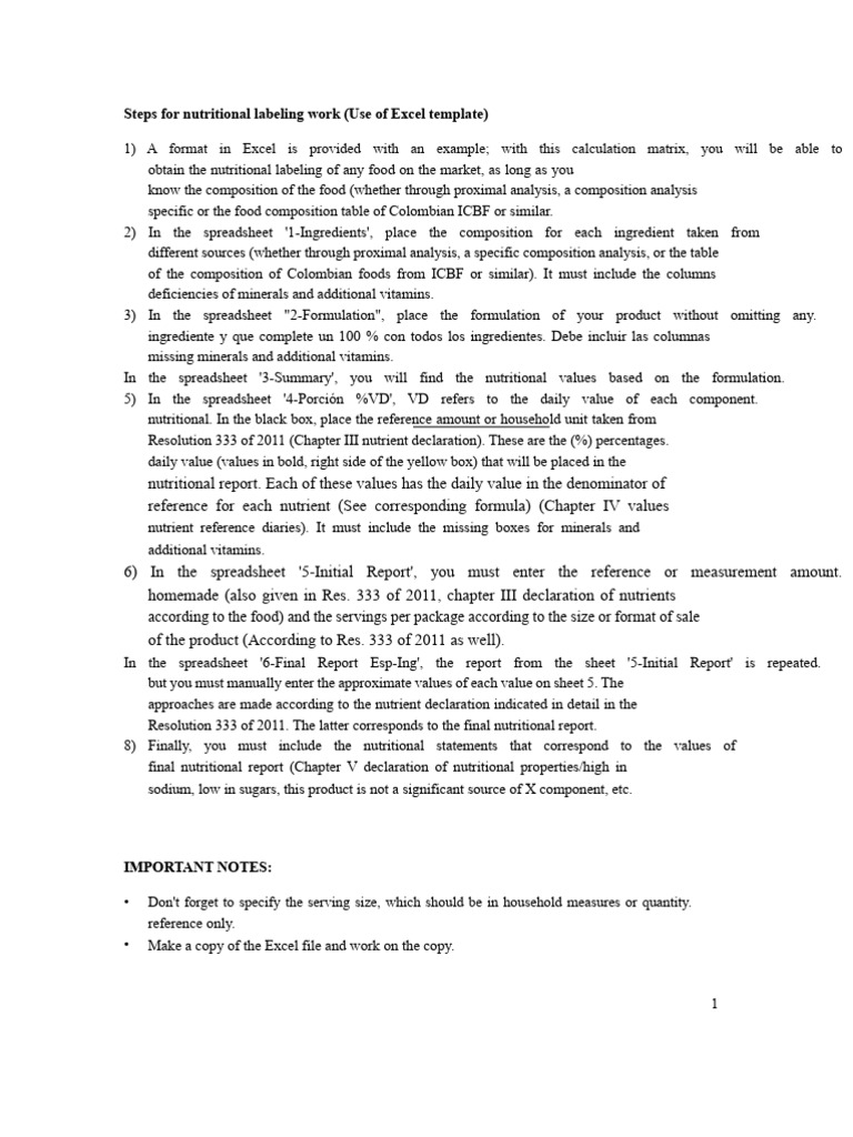 Steps for labeled nutritional work using an Excel template | PDF ...