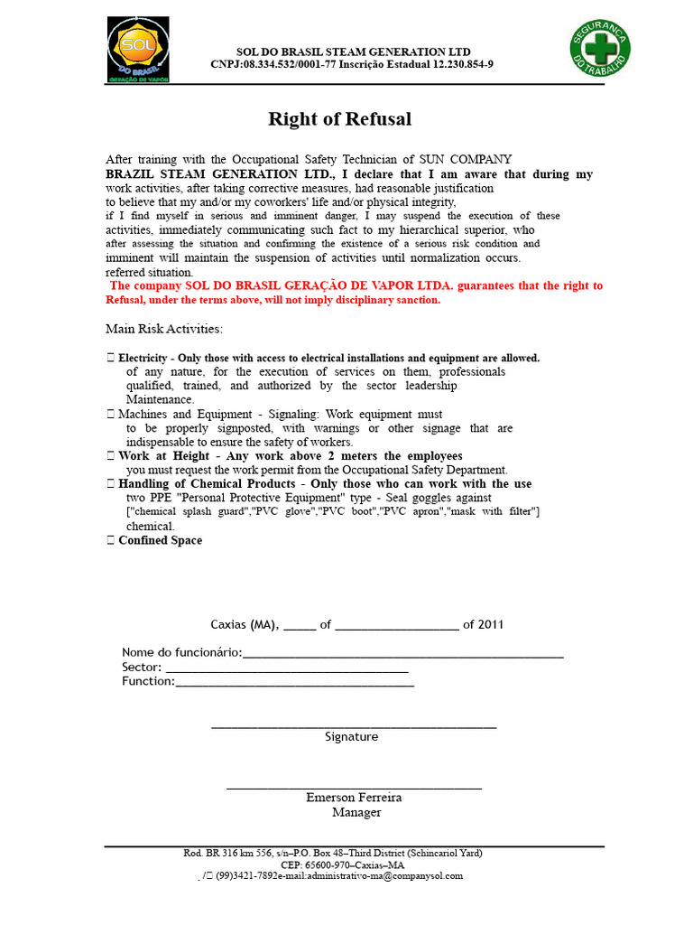 Right of Refusal Model | PDF | Personal Protective Equipment ...