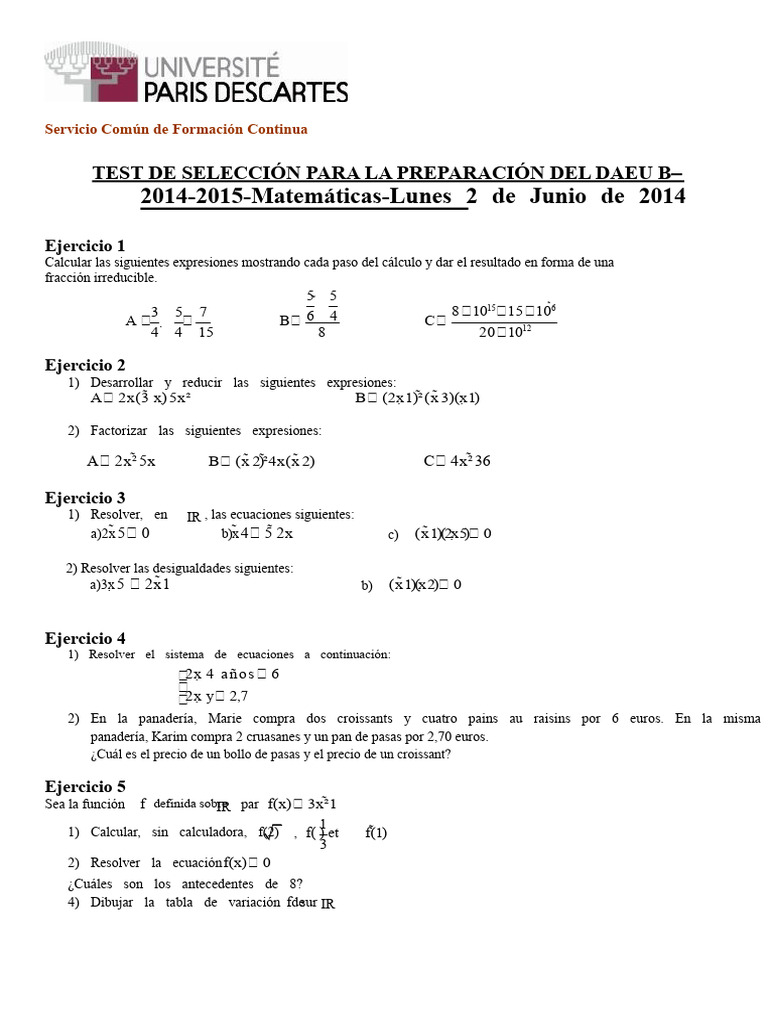 DAEU B Universidad Paris Descartes Prueba de Ingreso | PDF