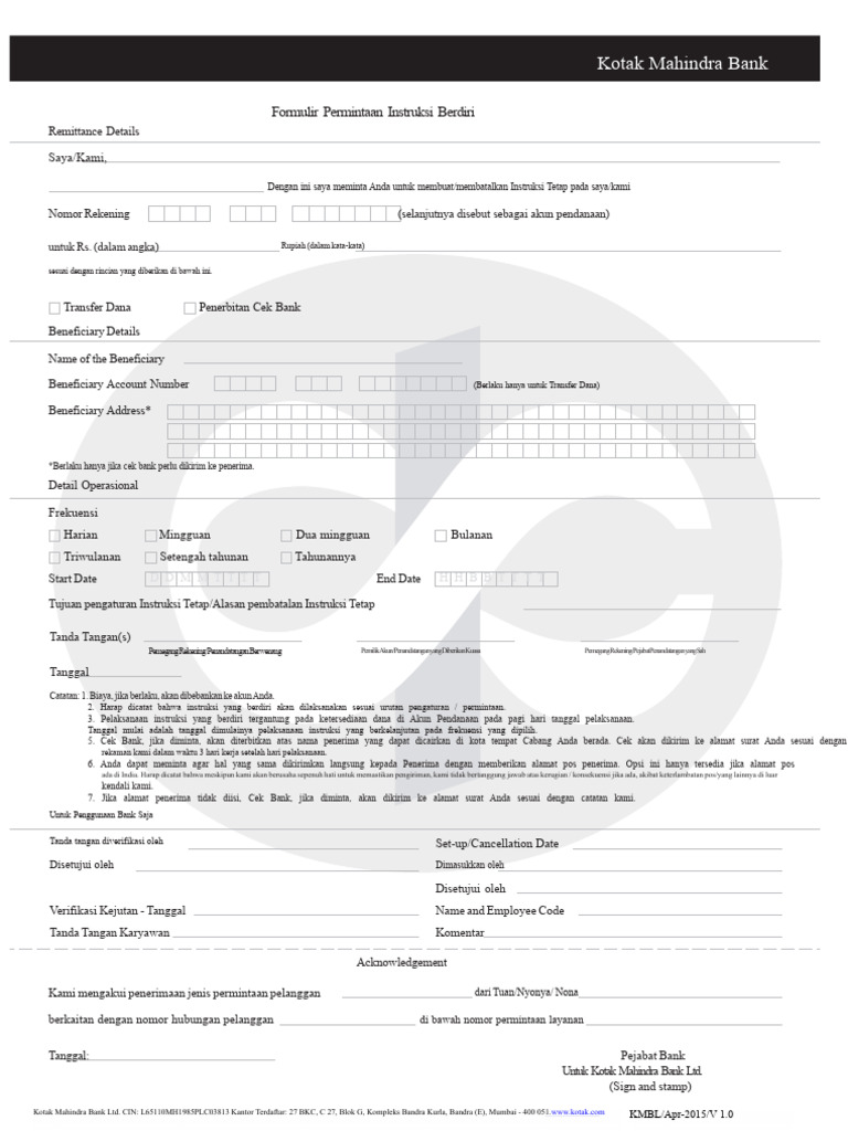 Formulir Instruksi Tetap Mahindra Bank | PDF